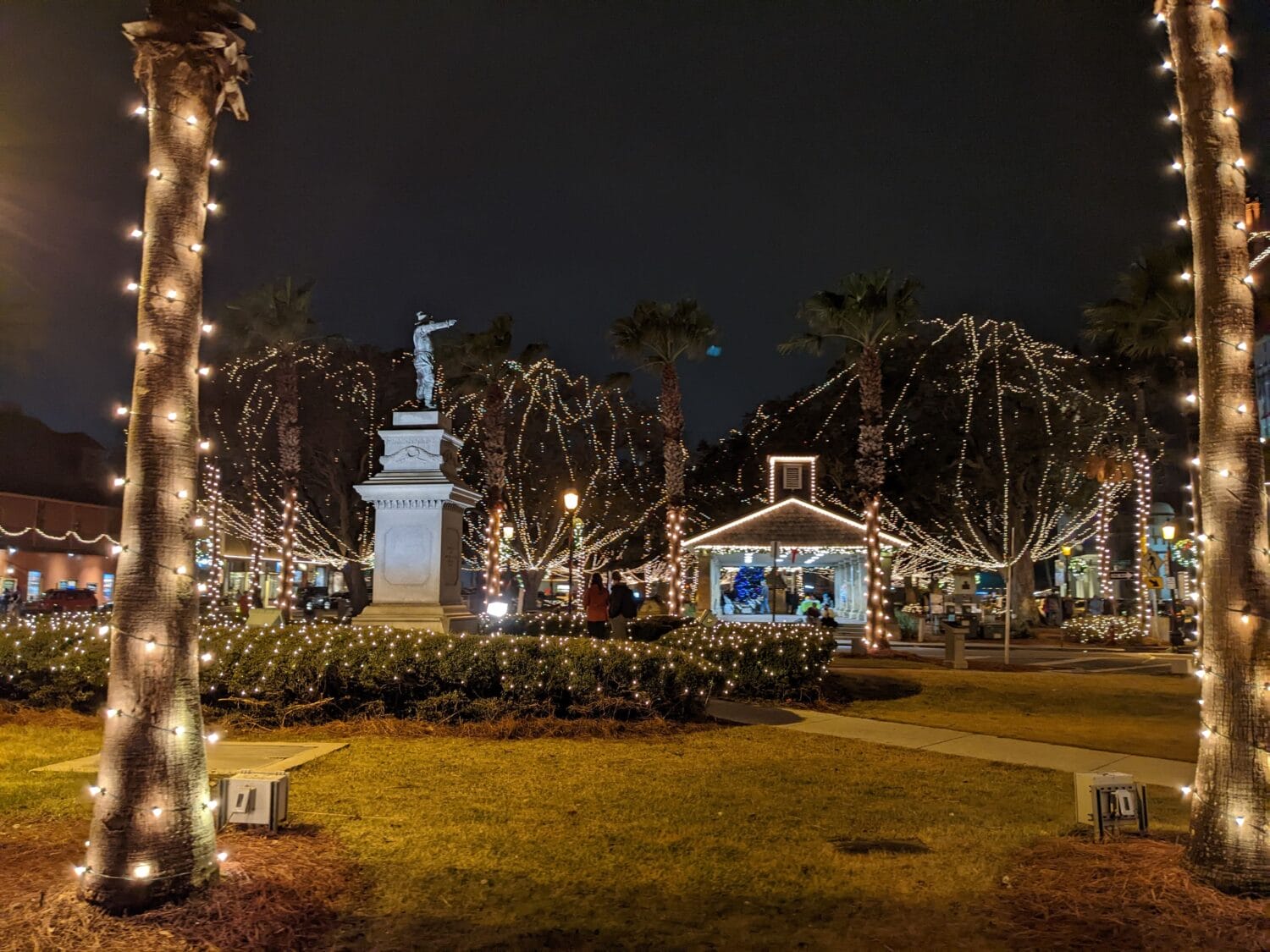 The well lit park in St Augustine during the Nights of Lights
