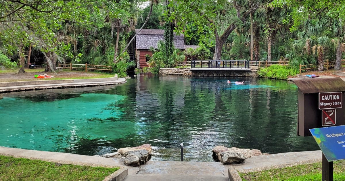 a serene natural spring in juniper springs recreation area surrounded by lush greenery, with people enjoying a swim in the clear turquoise water