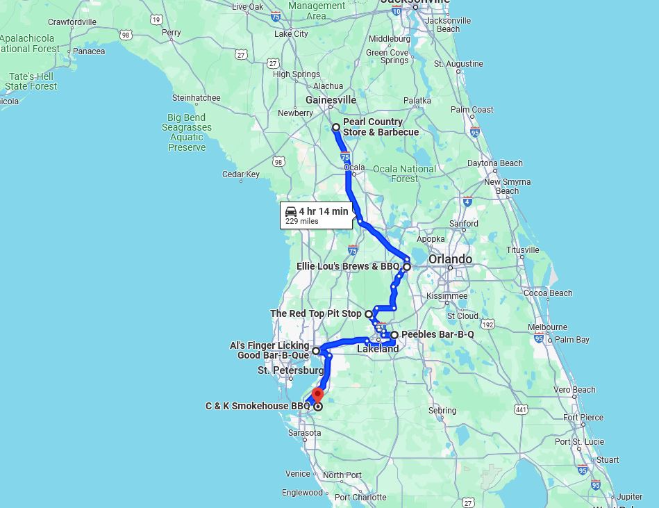 road trip map of 6 hole in the wall bbq restaurants