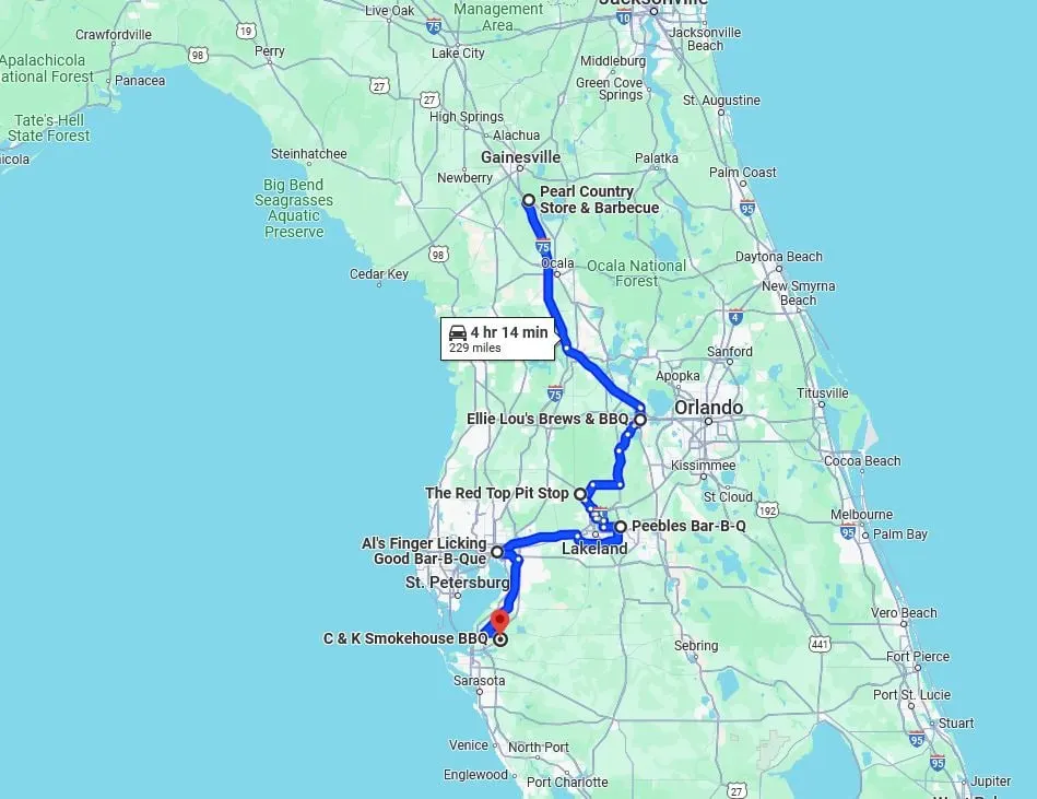 road trip map of 6 hole in the wall bbq restaurants