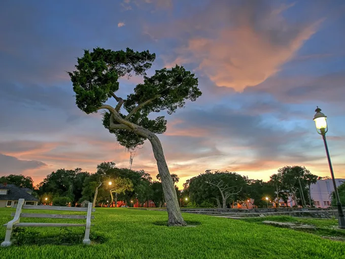 new smyrna beach old fort park after sunset at bench