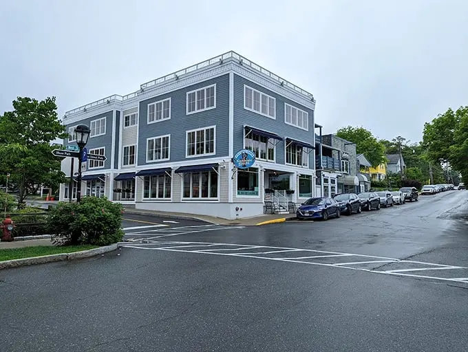 Welcome to seafood paradise! This charming blue-and-white building isn't just a pretty face—it's the gateway to some of Maine's finest oceanic delights.