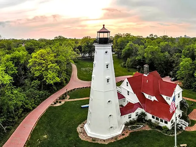 Behold the North Point Lighthouse, standing tall and proud! This gleaming white tower looks like it's posing for a maritime magazine cover.