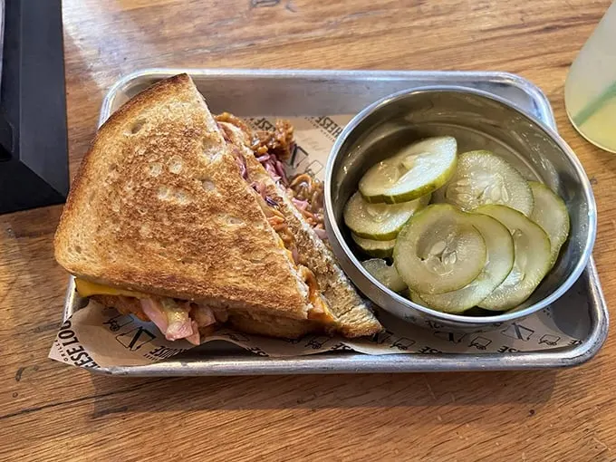 A match made in flavor heaven: tangy pickles meet melty grilled cheese. It's like a party in your mouth, and everyone's invited!