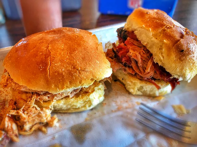 Slider heaven! These mini sammies are like a BBQ buffet in sandwich form, perfect for the indecisive or the "want-it-all" eater.