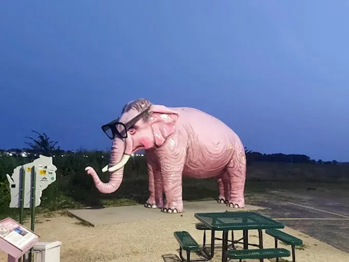 Bubblegum dreams come to life! This bespectacled behemoth is the ultimate roadside eye-catcher. Talk about seeing the world through rose-colored glasses!