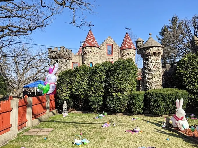 Stone turrets and red-tiled roofs transport you to medieval times. Just don't expect a dragon-slaying knight – the Easter Bunny's taken over guard duty!