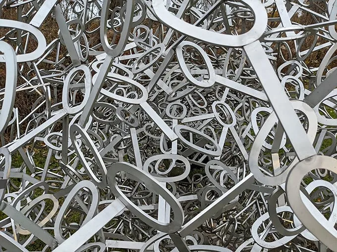 A mesmerizing tangle of metallic loops and curves creates an optical illusion that changes with every viewing angle.