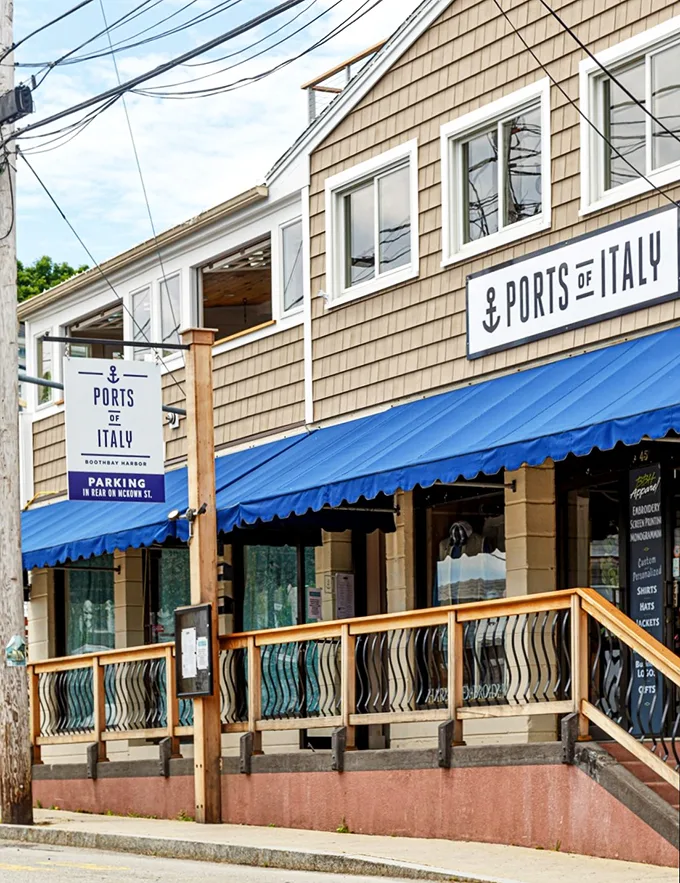 Welcome to Ports of Italy, where Maine meets the Mediterranean! This charming façade promises a culinary journey that'll make you forget you're in lobster country.