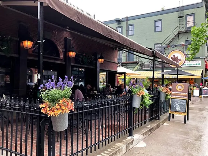 A charming brick facade with flower boxes that could make Martha Stewart jealous. The outdoor seating area beckons like a front-row ticket to Burlington's best show.