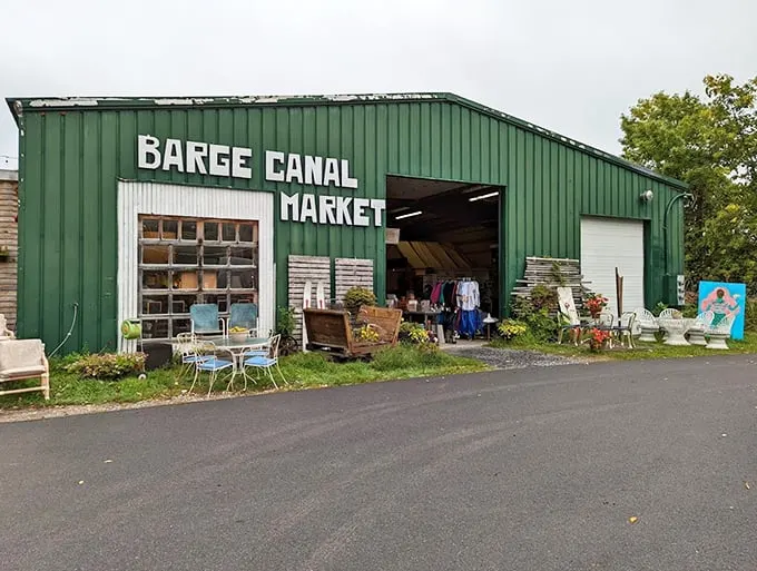 Welcome to the green giant of Pine Street! The Barge Canal Market's exterior promises a treasure trove of vintage delights inside.