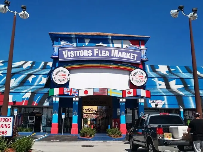 Welcome to the Technicolor dreamcoat of flea markets! This facade is like a passport to retail adventure, promising treasures from around the globe.