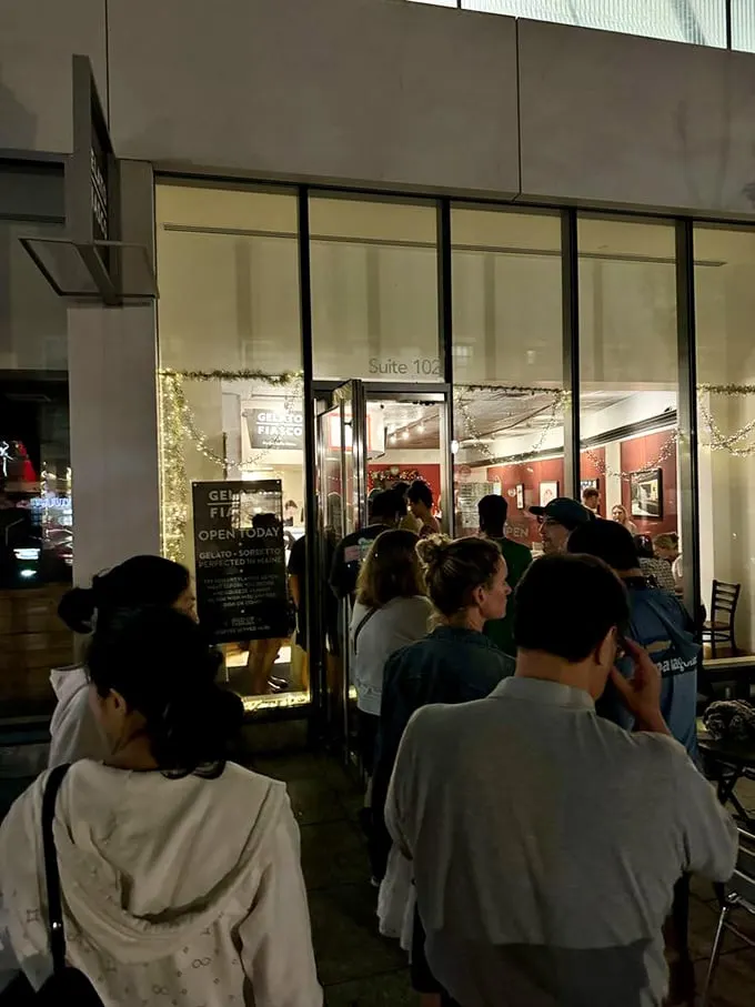 Even on a chilly evening, devoted gelato lovers queue up outside Gelato Fiasco, proving that great dessert knows no season.