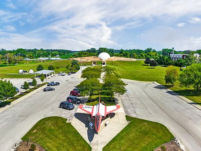 Houston, we have liftoff! This aerial view of the Armstrong Air & Space Museum looks like a lunar base dropped into the Ohio countryside.
