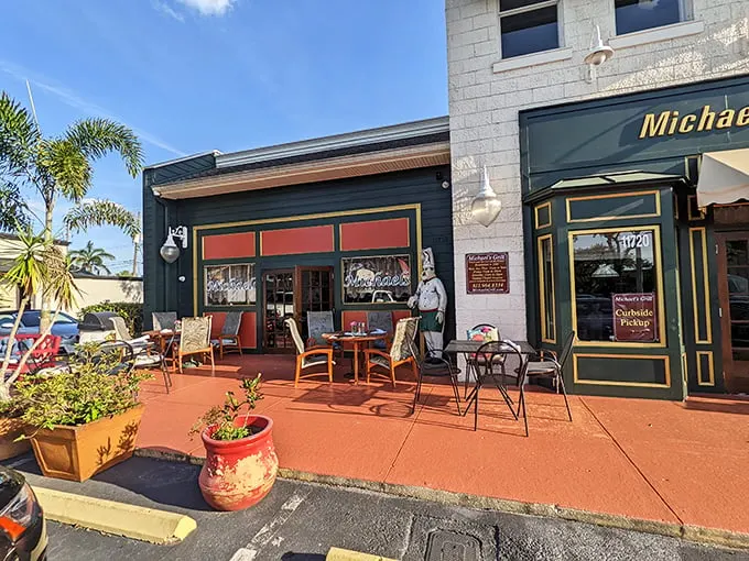 Welcome to flavor town! Michael's Grill's charming exterior invites you in with its cozy patio and promise of culinary delights. Photo credit: Maria Hidalgo Dolan