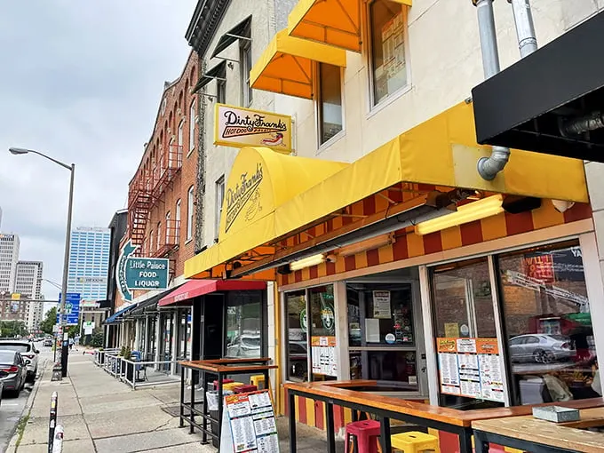 Welcome to the Willy Wonka factory of hot dogs! Dirty Frank's exterior bursts with more color than a pack of Skittles, promising a flavor adventure inside.