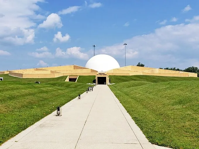 Houston, we have liftoff! This front view of the Armstrong Air & Space Museum looks like a lunar base dropped into the Ohio countryside.