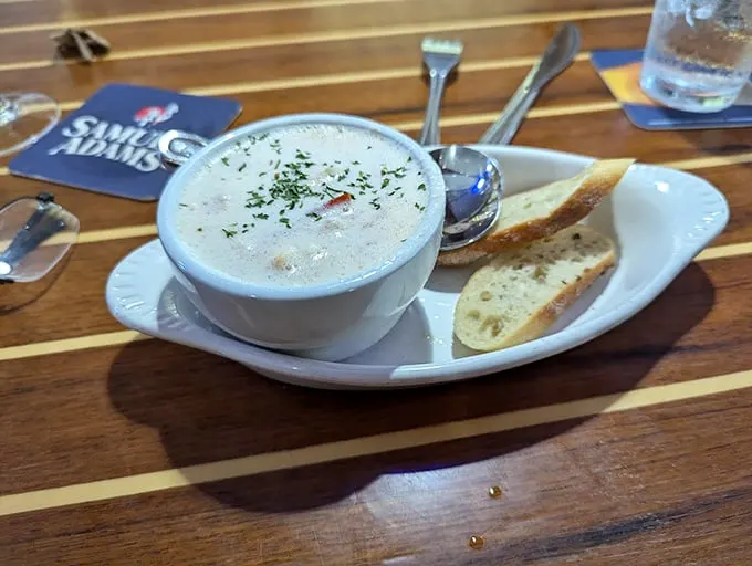 A bowl of clam chowder that's thick enough to warm your soul. That toasted bread is ready for dunking duty. Photo credit: Kevin Werner