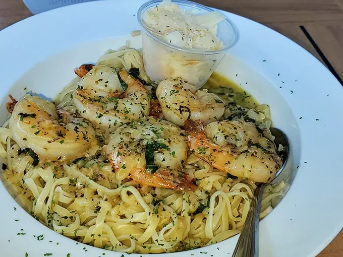 Plump shrimp lounging on a bed of perfectly cooked pasta, living their best garlic-butter life. Photo credit: farmer Dave