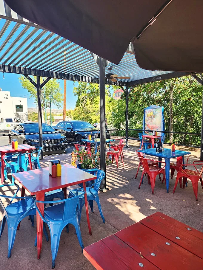 Alfresco dining with a side of time travel. These colorful tables are perfect for enjoying your burger while imagining you're extras in "Grease."
