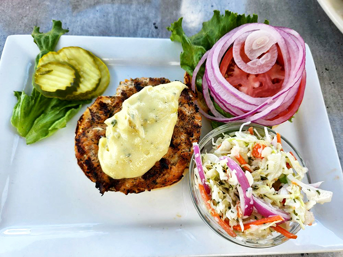 Who knew a salmon could dress up so fancy? This burger proves fish can do comfort food with the best of them. Photo credit: David S.