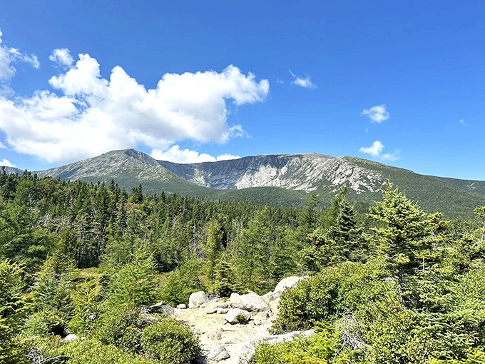 Mount Katahdin stands proud against azure skies, looking like it just stepped out of a landscape painter's sweetest dreams.