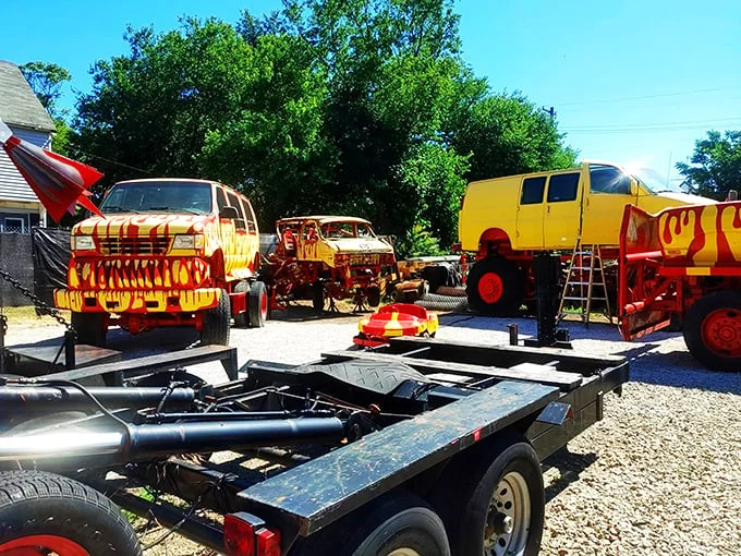 "Parking's a breeze when your car can climb over the others." This flame-adorned fleet turns every day into monster truck madness.
