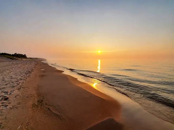 Golden hour casts a warm embrace over serene waves, where sand meets the lake in a quiet, timeless dance of nature’s beauty.