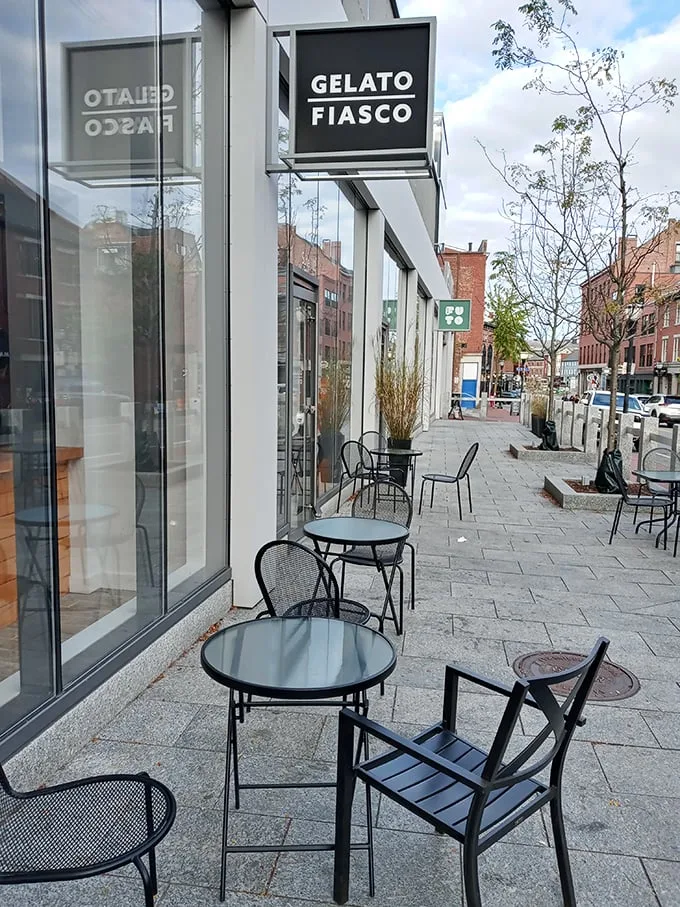 Outdoor seating at Gelato Fiasco: People-watching with a side of creamy bliss. It's like a Parisian café, Maine style!