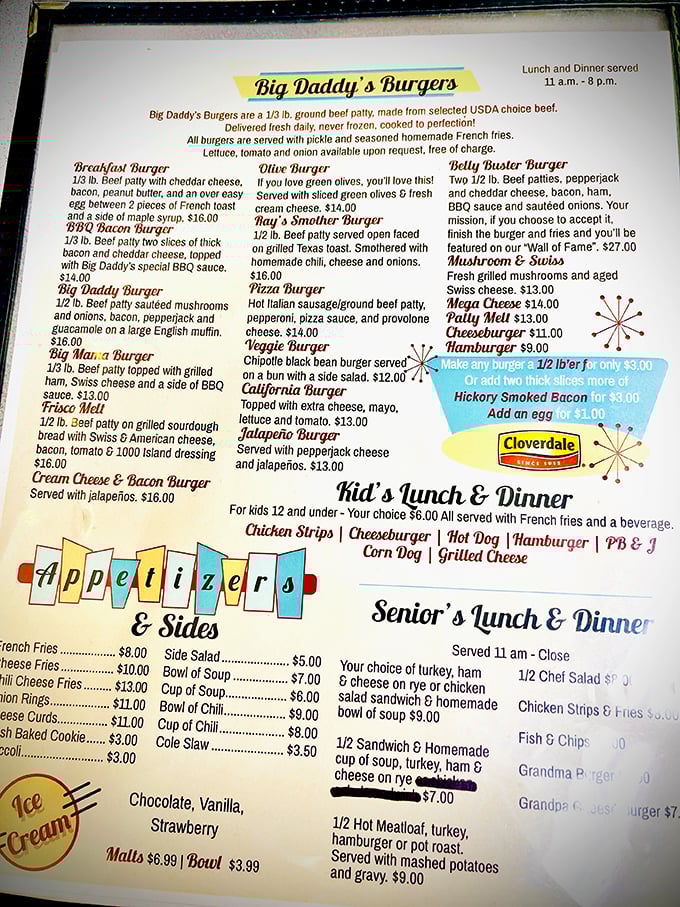 A menu that reads like a love letter to indulgence. From breakfast burgers to "belly busters," Big Daddy's isn't playing around.
