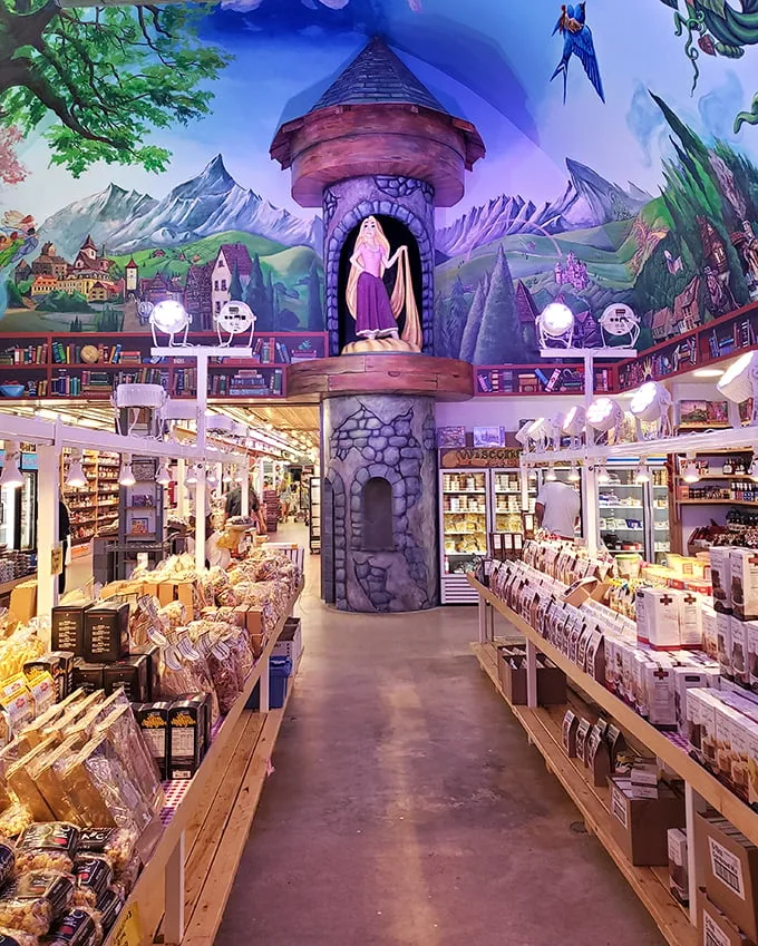 Look up and let your imagination soar! This ceiling mural turns grocery shopping into a fantastical adventure through candy land.