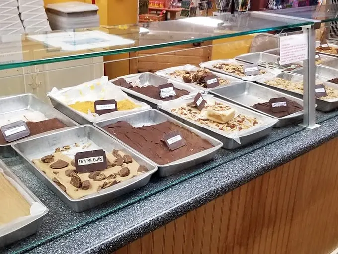 A gleaming display case showcases an array of homemade fudge varieties, each slab a testament to sweet perfection.