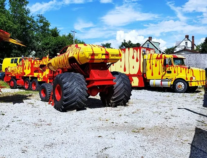 "Honey, I shrunk the monster trucks!" This lineup of colossal vehicles looks like Hot Wheels on steroids – perfect for your inner child's midlife crisis.