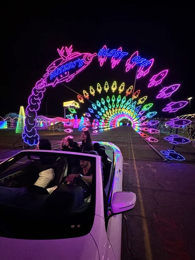 Cruising through a rainbow tunnel – it's like driving inside a kaleidoscope! Who knew your family sedan could double as a magical mystery tour mobile?