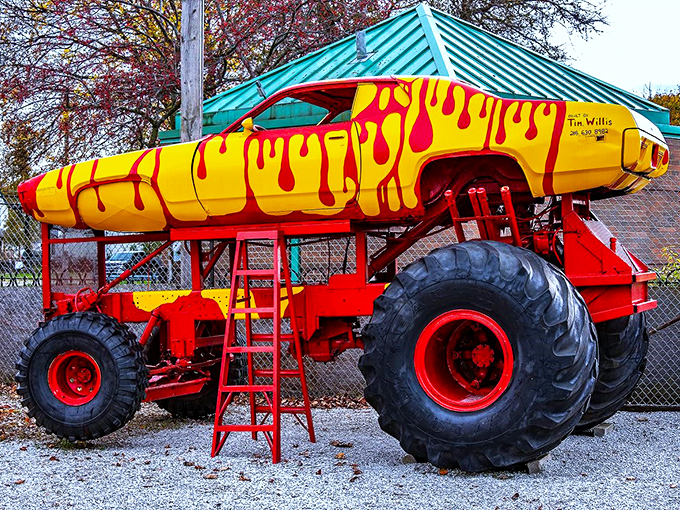 "For when you absolutely, positively need to crush every pothole in sight." This beast of burden puts the 'monster' in monster truck, with a paint job that screams "caution: hot stuff coming through!"
