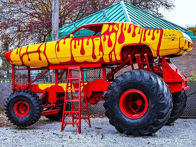 "For when you absolutely, positively need to crush every pothole in sight." This beast of burden puts the 'monster' in monster truck, with a paint job that screams "caution: hot stuff coming through!"