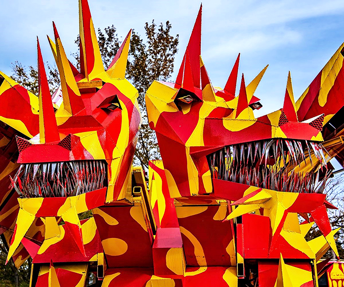 "Three heads are better than one, especially when you're made of metal." These fiery fellows look like they escaped from a heavy metal album cover to terrorize your local scrapyard.