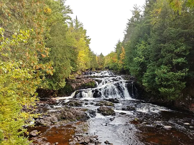 Cascading waters create nature's own percussion section, while forest shadows dance to the rhythm of falling water.