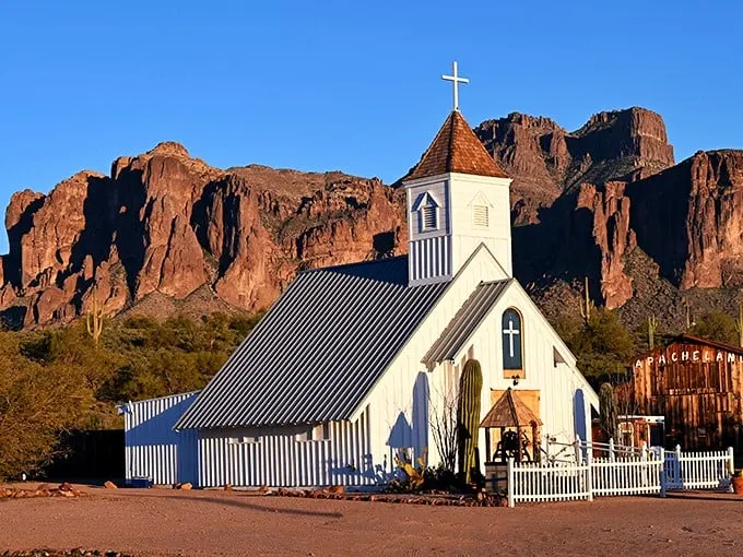 A heavenly sight: This pristine chapel stands like a beacon of hope against the rugged Superstition Mountains, inviting both sinners and saints to marvel at its beauty.