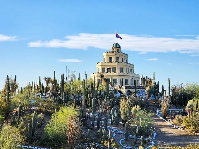 Desert royalty: Tovrea Castle rises like a tiered wedding cake amidst a sea of cacti, proving that even in the arid Arizona landscape, architectural whimsy can bloom.