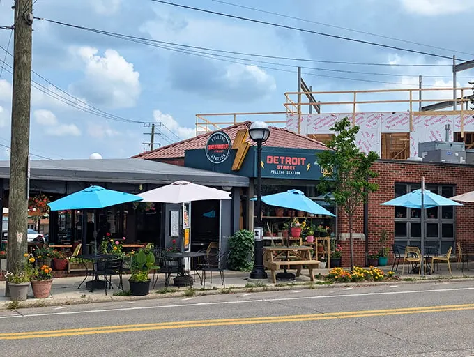 Welcome to plant-based paradise! Detroit Street Filling Station's inviting exterior promises a feast for both the eyes and the taste buds.