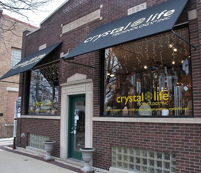 A crystal wonderland awaits! This charming storefront in Geneva, Illinois, promises more sparkle than a disco ball factory.