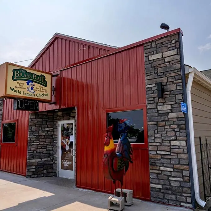 A red-hot destination! The Brass Rail's exterior is as inviting as a warm Minnesota hug, with its vibrant color and promise of "World Famous Chicken."