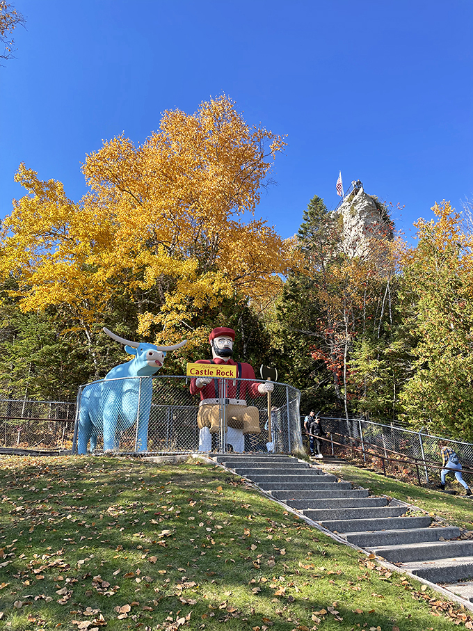 "Castle Rock: Where nature decided to play Jenga with limestone!" This towering formation offers breathtaking views and a greeting from Paul Bunyan and Babe the Blue Ox.