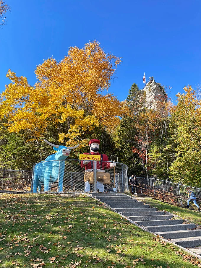 "Castle Rock: Where nature decided to play Jenga with limestone!" This towering formation offers breathtaking views and a greeting from Paul Bunyan and Babe the Blue Ox.