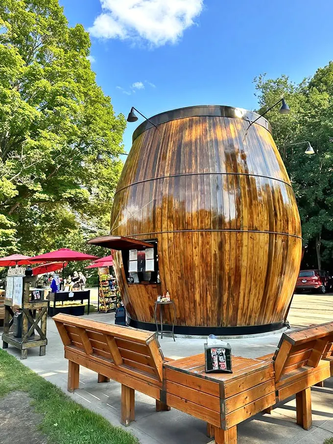 A barrel of fun! This giant wooden wonder stands tall, inviting visitors to sip on nostalgia and savor a slice of Americana.