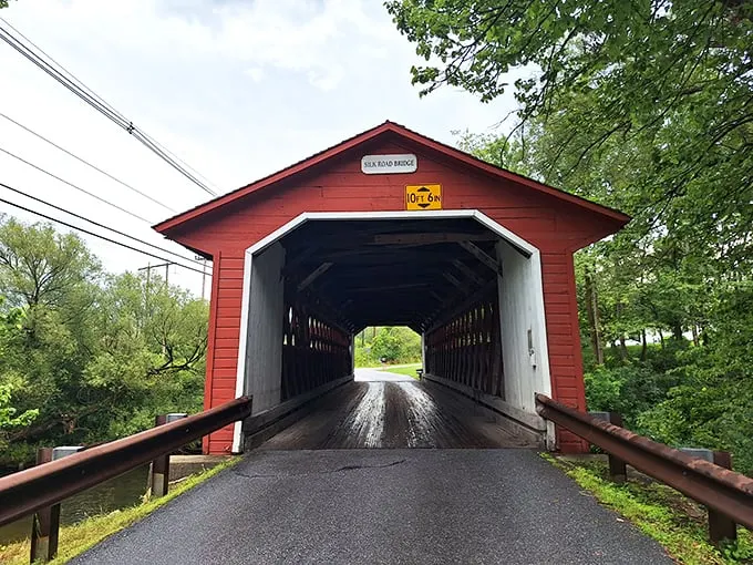 Step into a time machine, folks! This vibrant red gateway isn't just a bridge—it's a portal to Vermont's charming past.