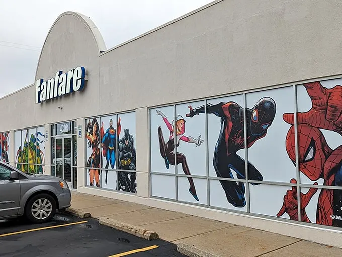 Holy comic book covers, Batman! Fanfare's exterior is a superhero's dream come true, with larger-than-life characters leaping off the walls.