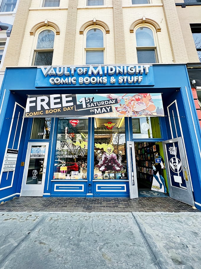 Holy comic book heaven, Batman! Vault of Midnight's electric blue façade is like a beacon for geeks and dreamers alike.