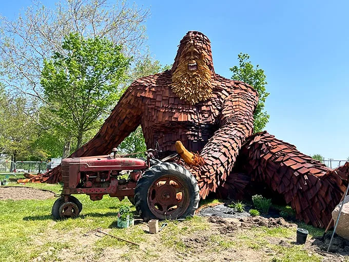 "Bigfoot's gone country! This wooden wonder proves even mythical creatures can't resist the allure of farm life."